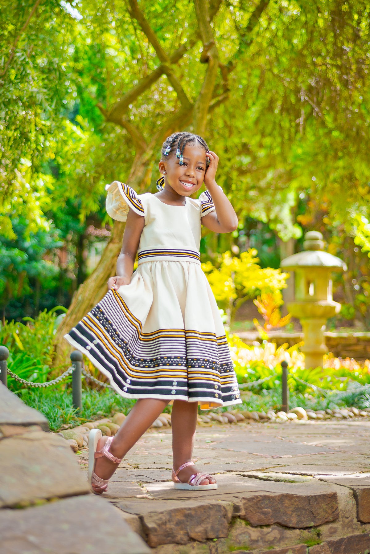 Cream, black and mustard girls dress