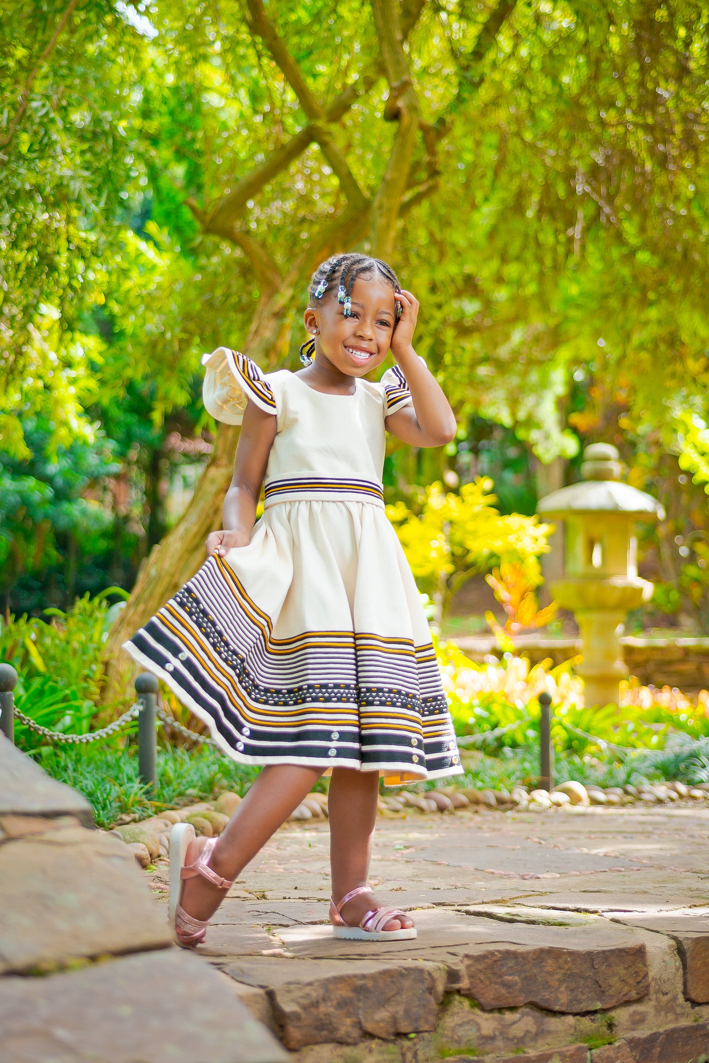 Cream, black and mustard girls dress
