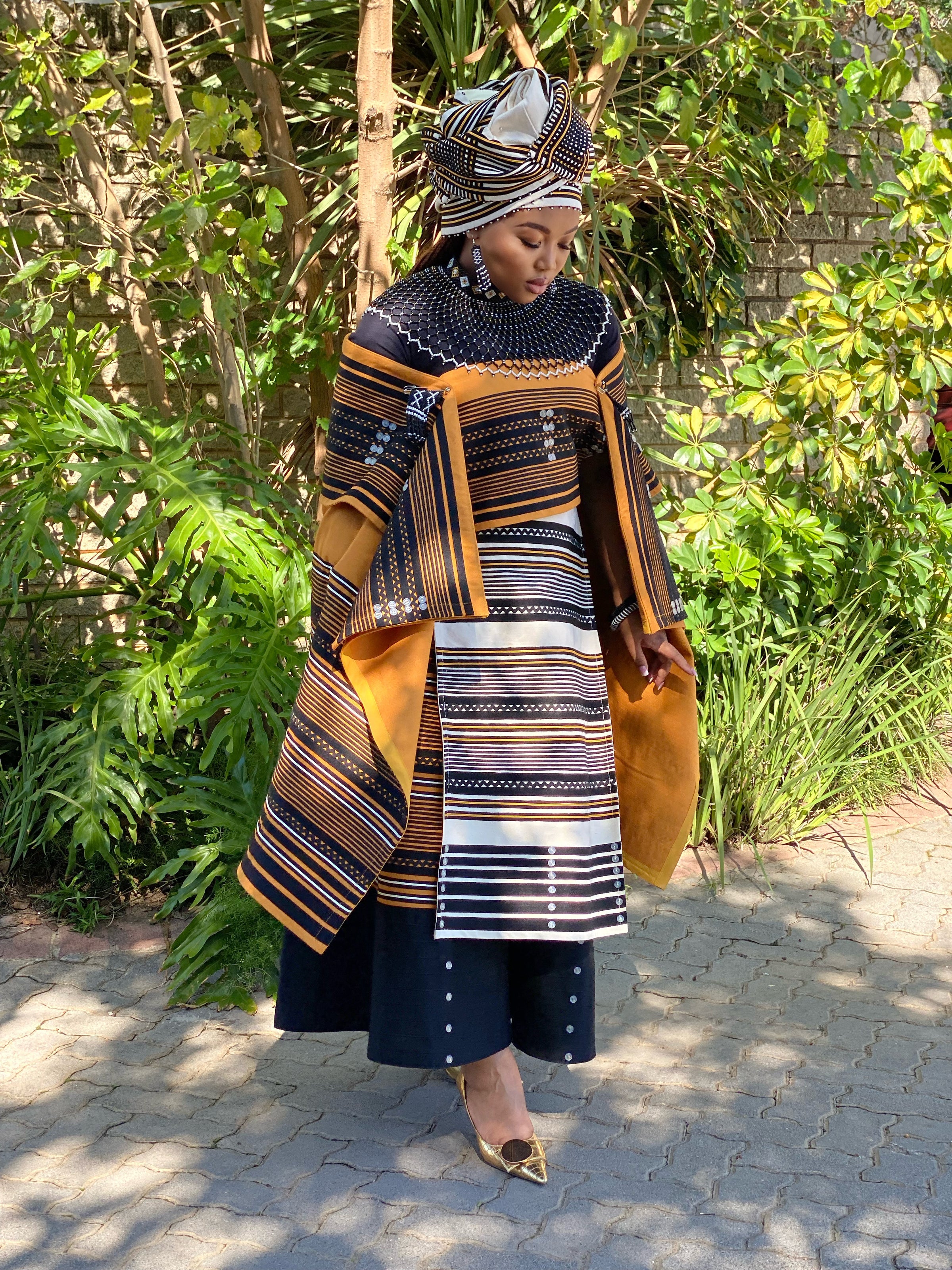 Mustard Cream and Black 5 piece Ladies Xhosa Traditional Attire